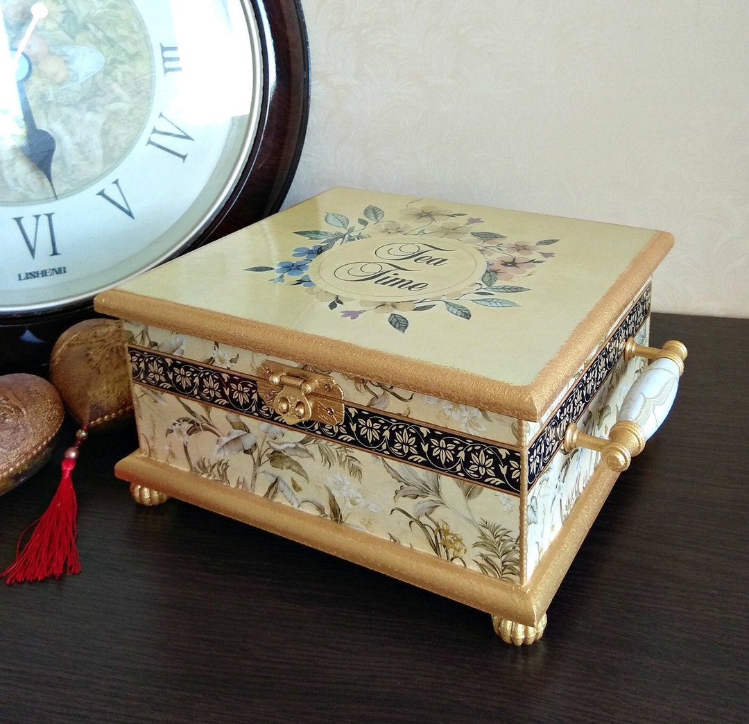 Tea Box Wooden Tea Box Tea Storage Tea Bag Box Tea Bag Storage Floral ...