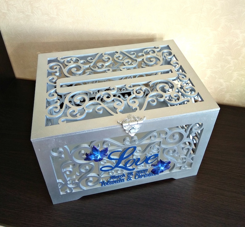 Personalised Wedding Card Box With Slot Lock Silver Lockable Wedding ...