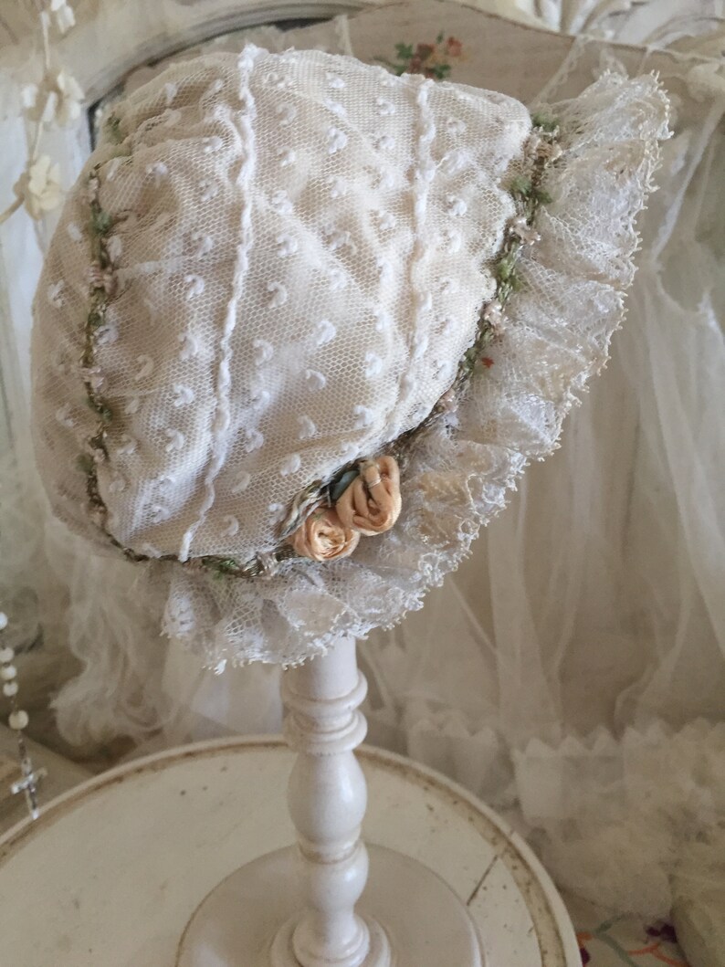 French Lace Bonet Hat Child Ribbon Work Flowers Silk Edwardian ...