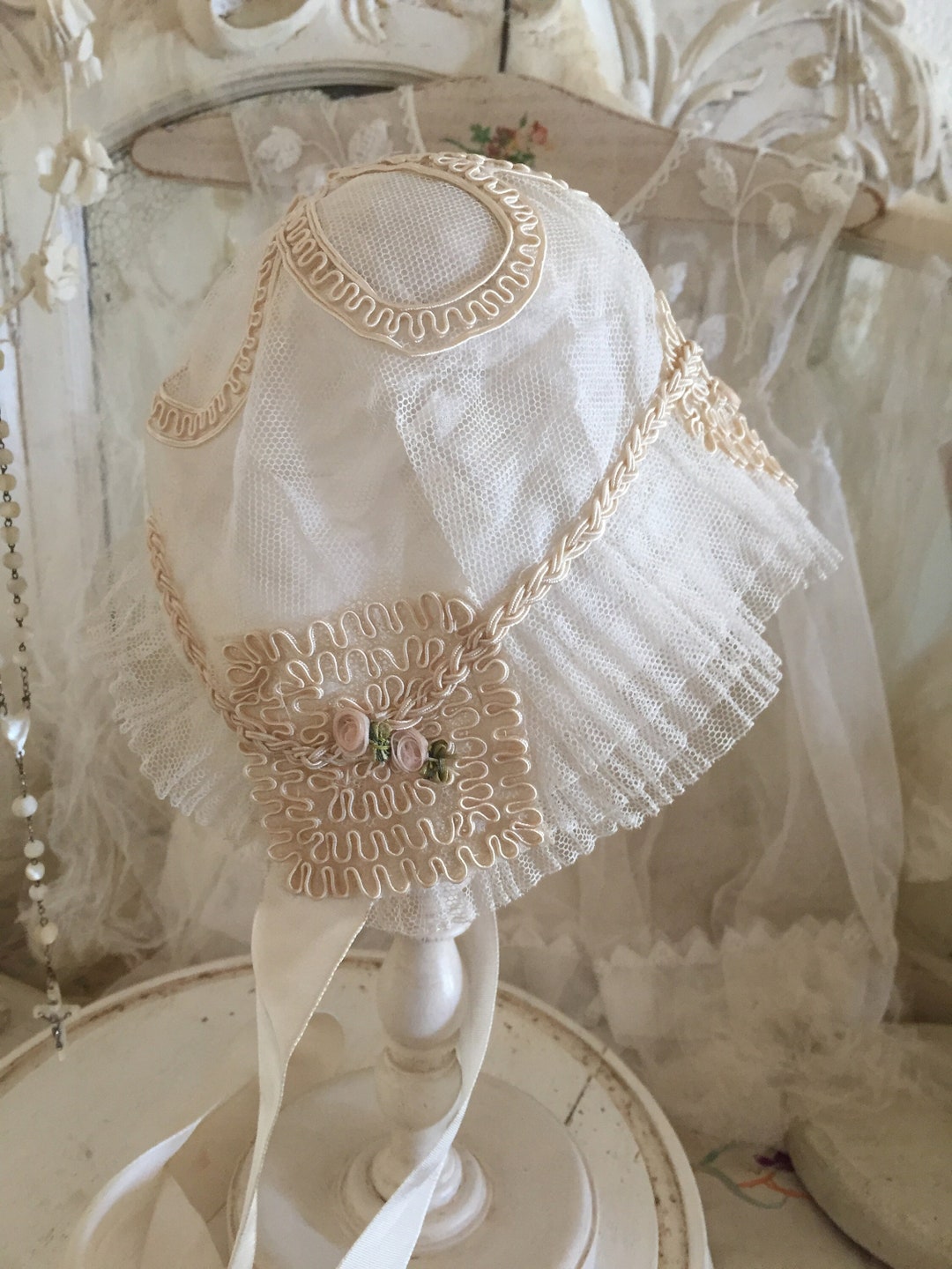 French Bonet Lace Child Hat Doll Ribbon Work Flowers Edwardian ...