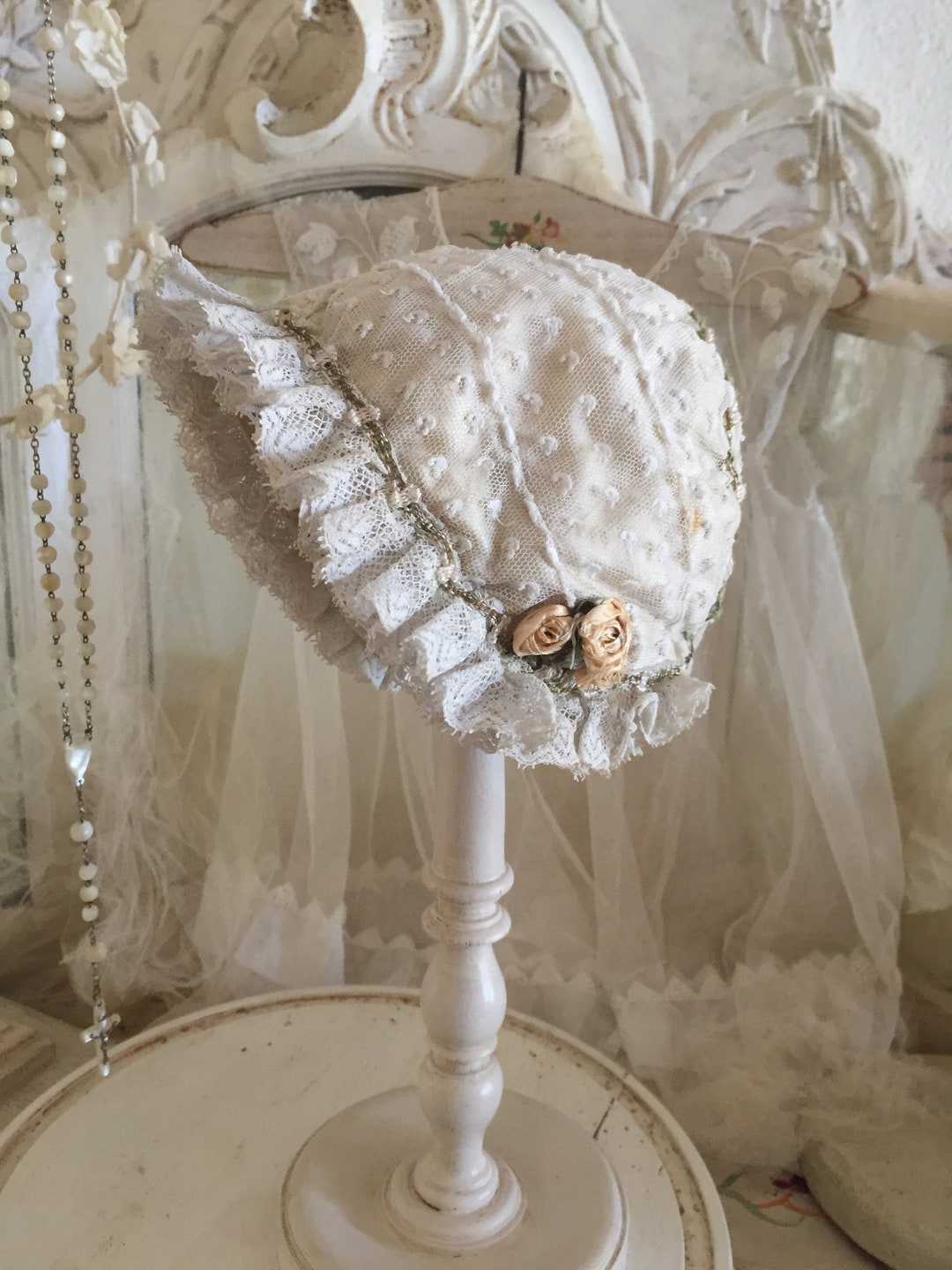 Antique French Lace Bonet Hat Child Ribbon Work Flowers Silk Edwardian ...