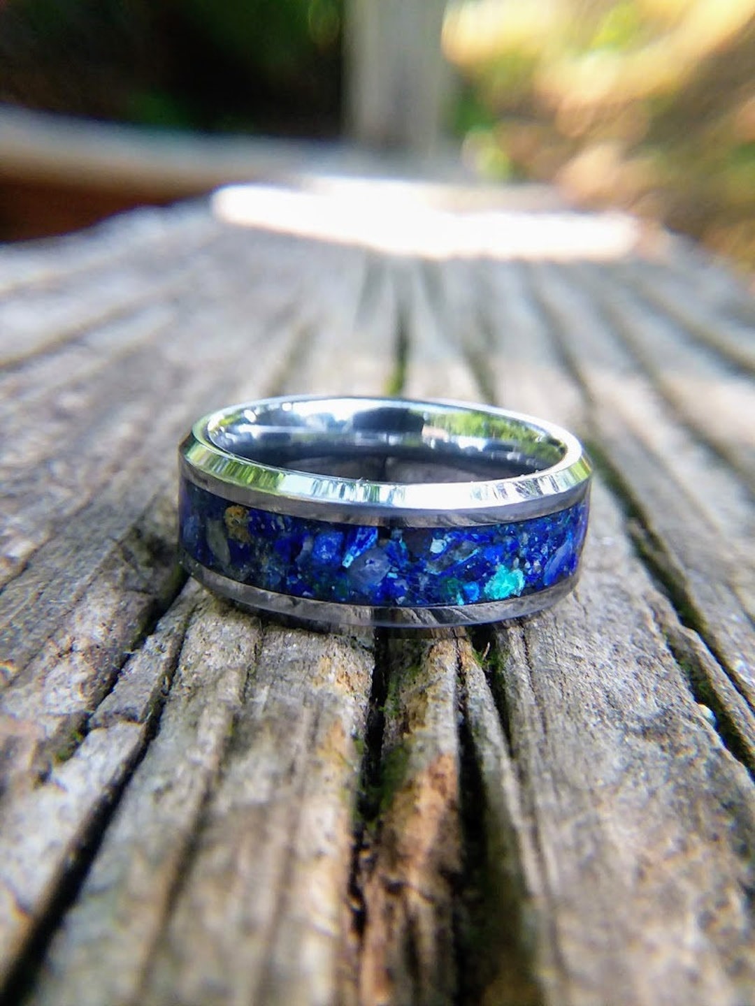 Silver Tungsten Wedding Band With Azurite Inlay, Tungsten Carbide Ring ...