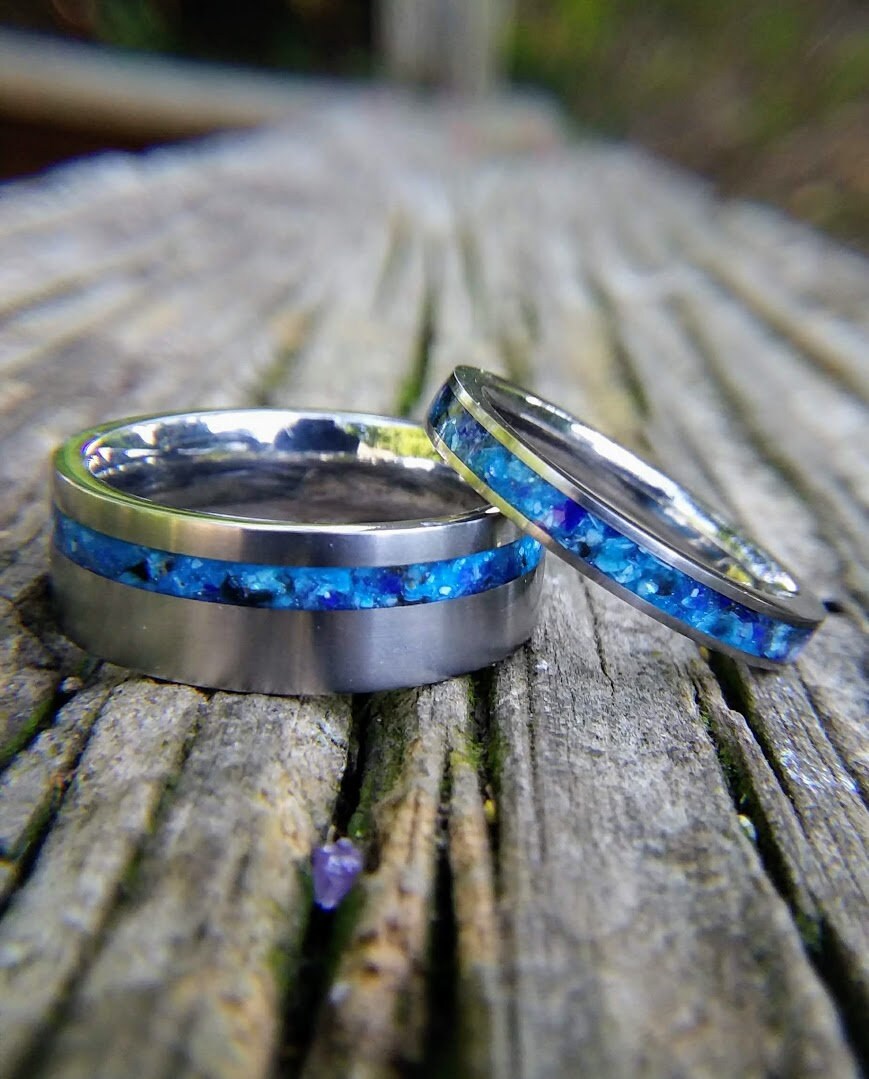 Wedding Band Set With Galaxy Glow Inlay Matching Wedding Band - Etsy