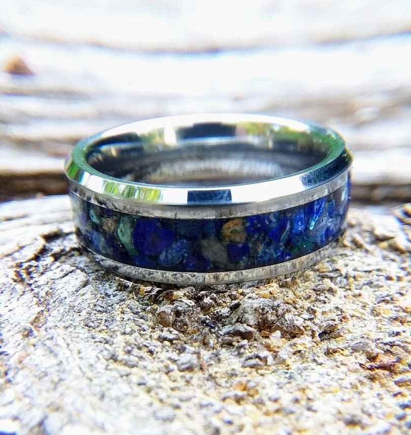 Silver Tungsten Wedding Band with Azurite Inlay Tungsten | Etsy