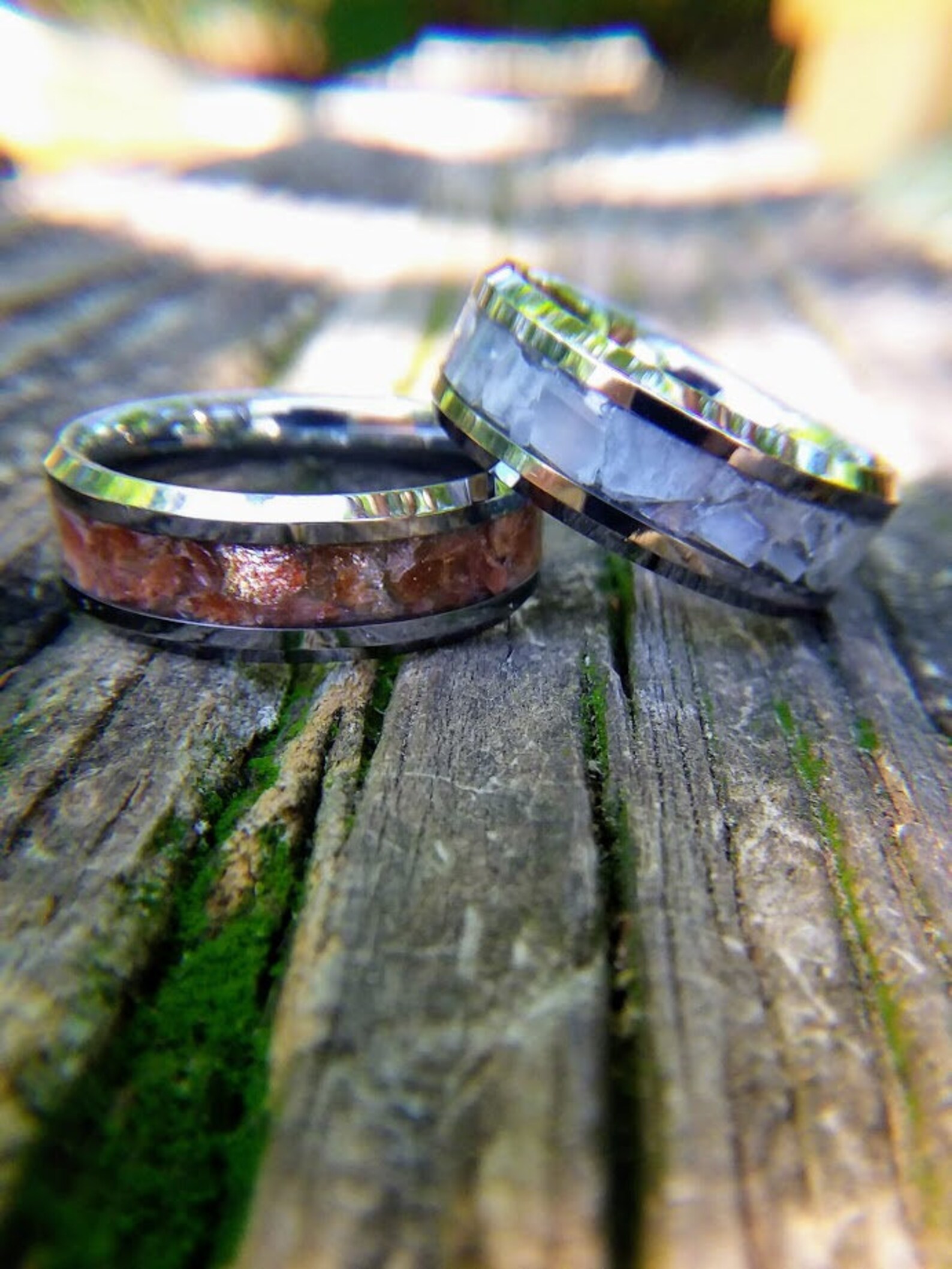 Sunstone and Moonstone Wedding Band Set Silver Tungsten Ring - Etsy