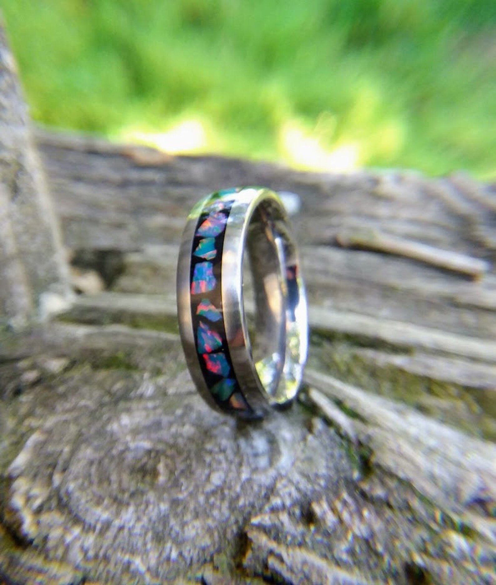 Titanium Wedding Band With Ocean Sunset Fire Opal in Black - Etsy