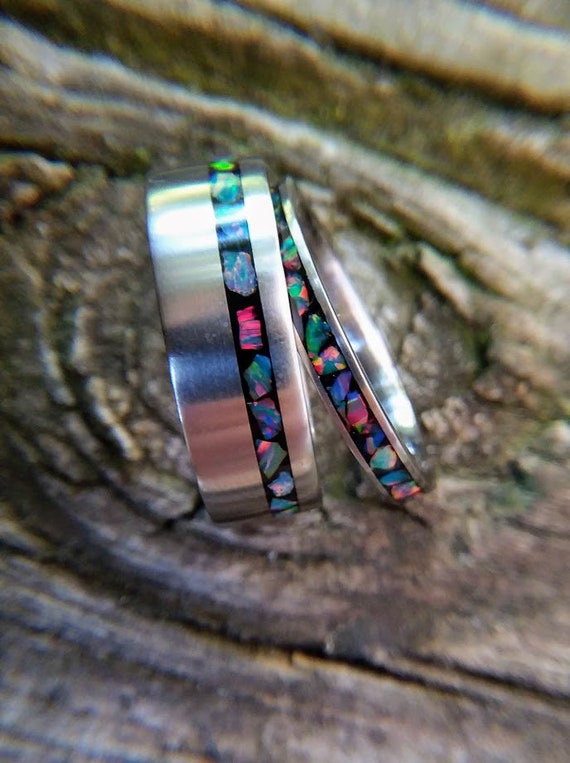 Matching Titanium and Ocean Sunset Fire Opal Wedding Band Set - Etsy