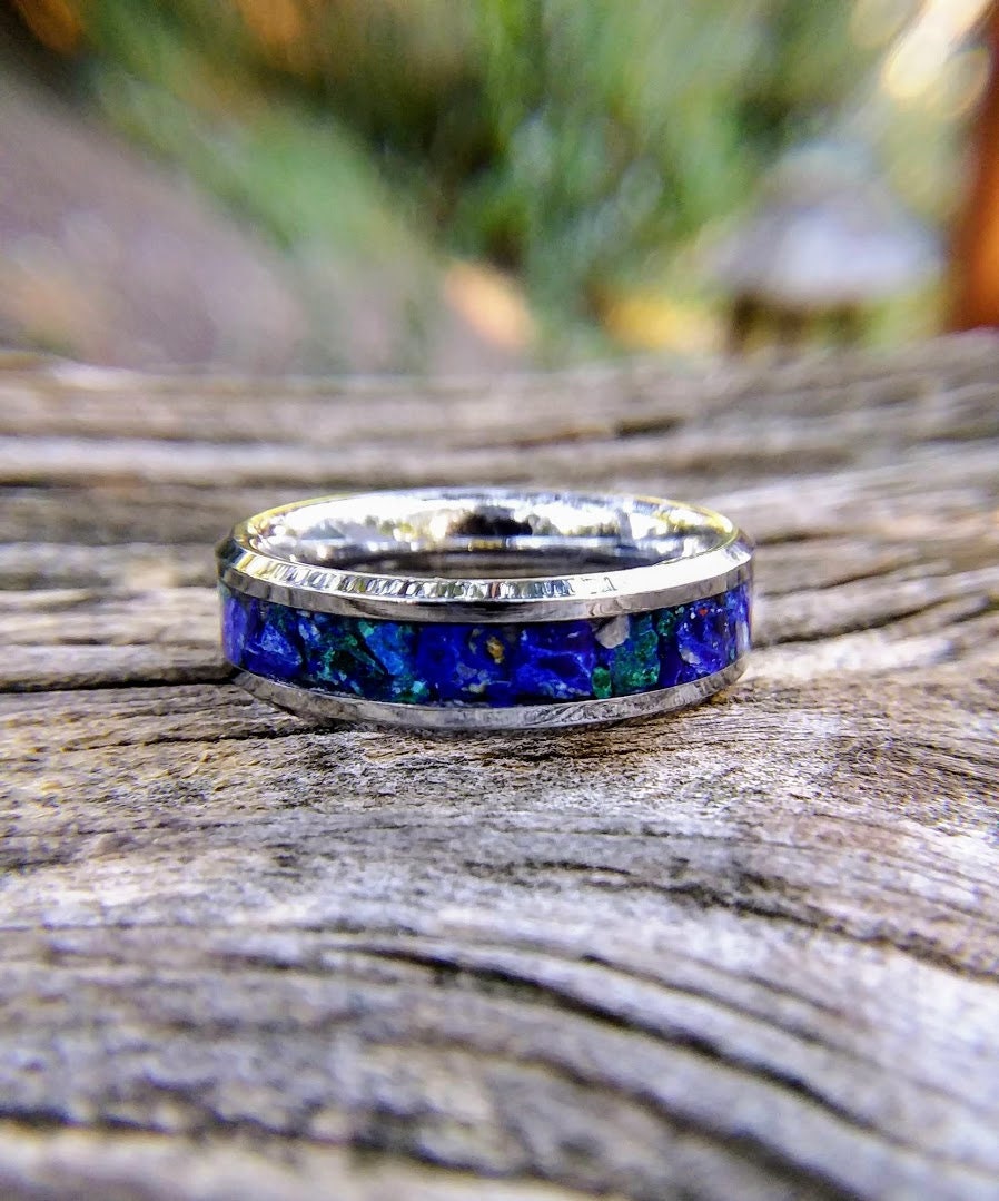 Silver Tungsten Wedding Band with Azurite Inlay Tungsten | Etsy