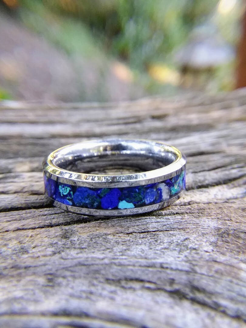 Silver Tungsten Wedding Band with Azurite Inlay Tungsten | Etsy