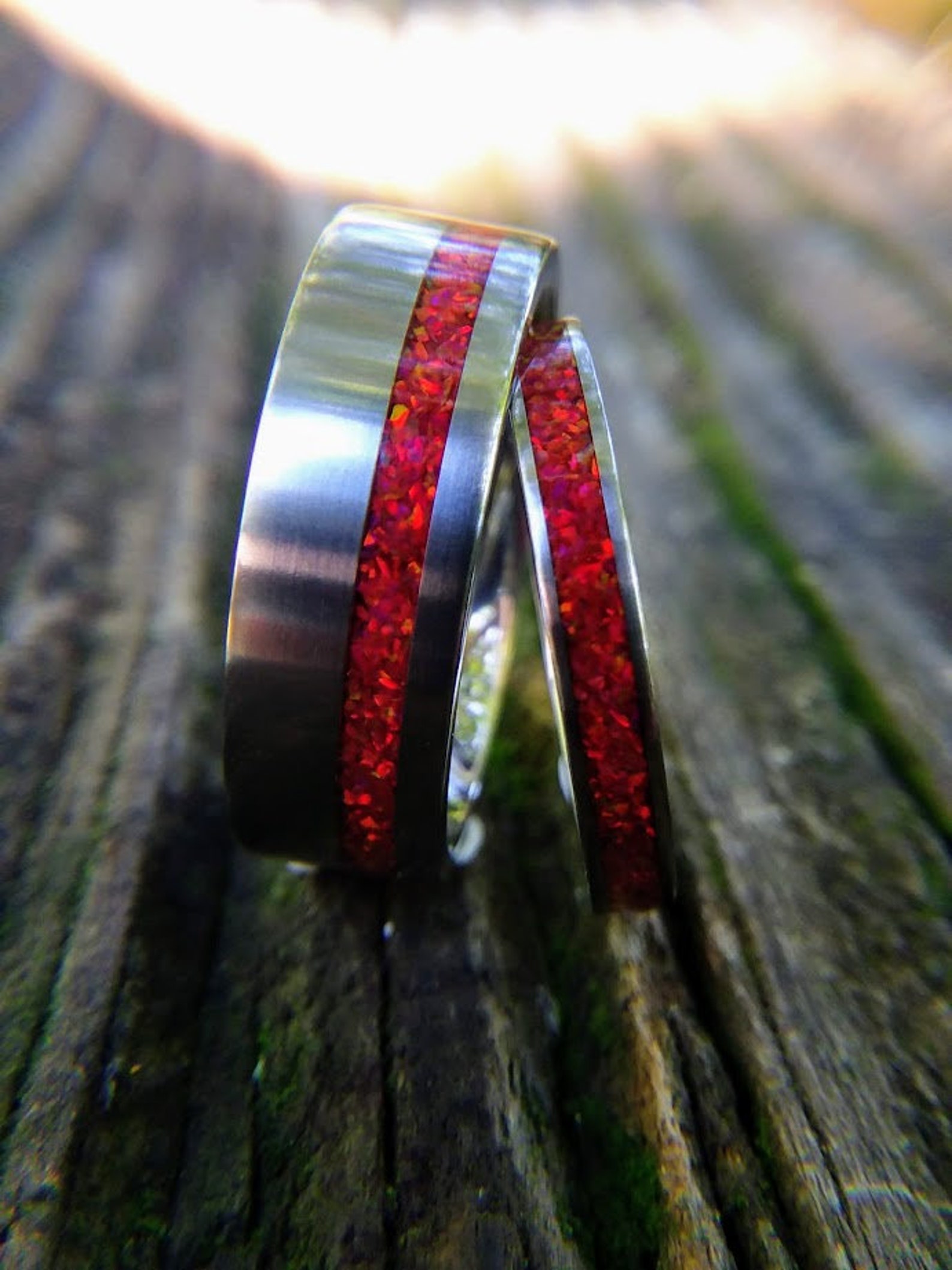 Titanium and Red Fire Opal Wedding Band Set Ruby Red Fire | Etsy