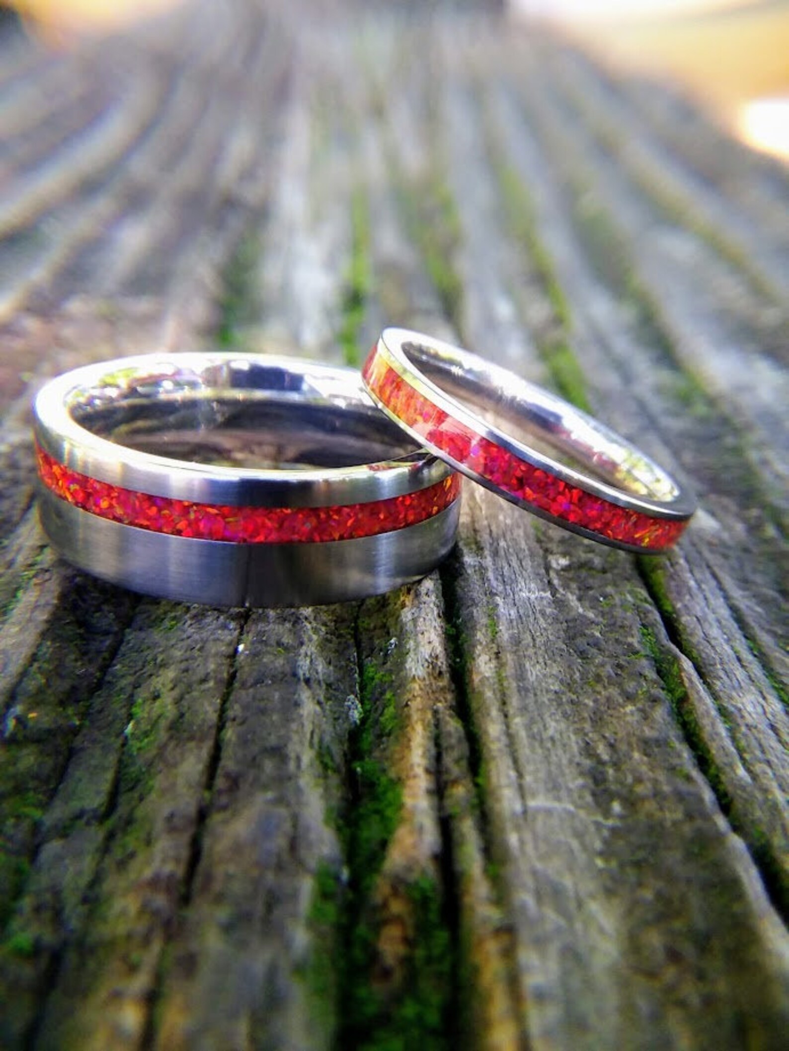 Titanium and Red Fire Opal Wedding Band Set Ruby Red Fire | Etsy