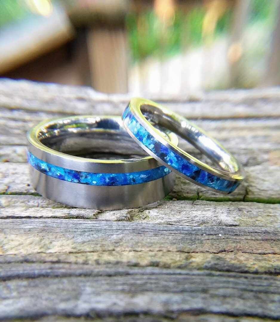 Wedding Band Set With Galaxy Glow Inlay Matching Wedding Band - Etsy