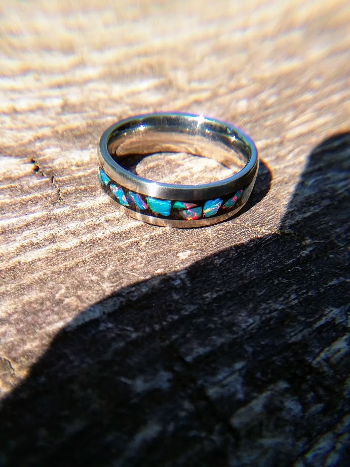 Titanium Wedding Band With Ocean Sunset Fire Opal in Black - Etsy