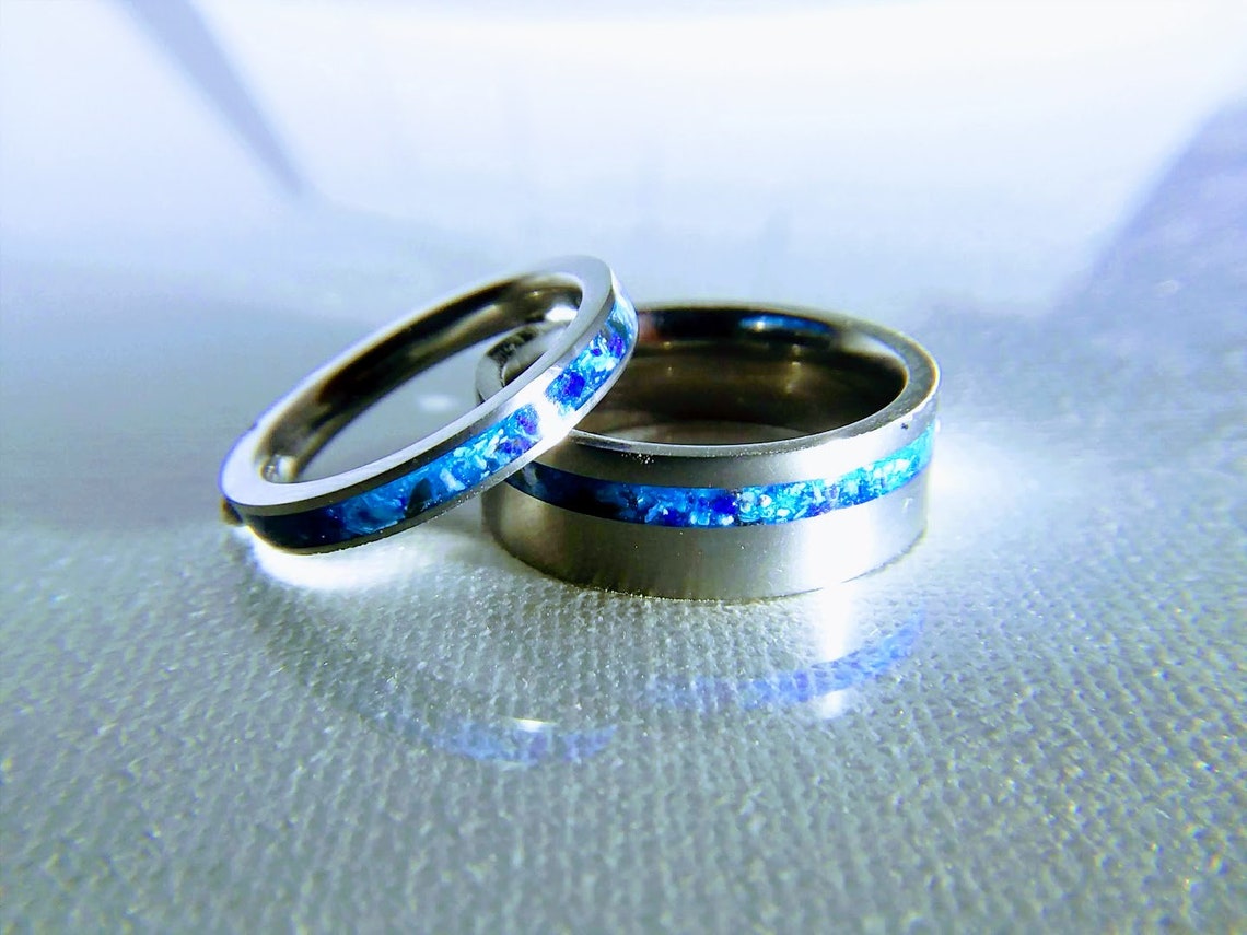 Wedding Band Set With Galaxy Glow Inlay Matching Wedding Band - Etsy