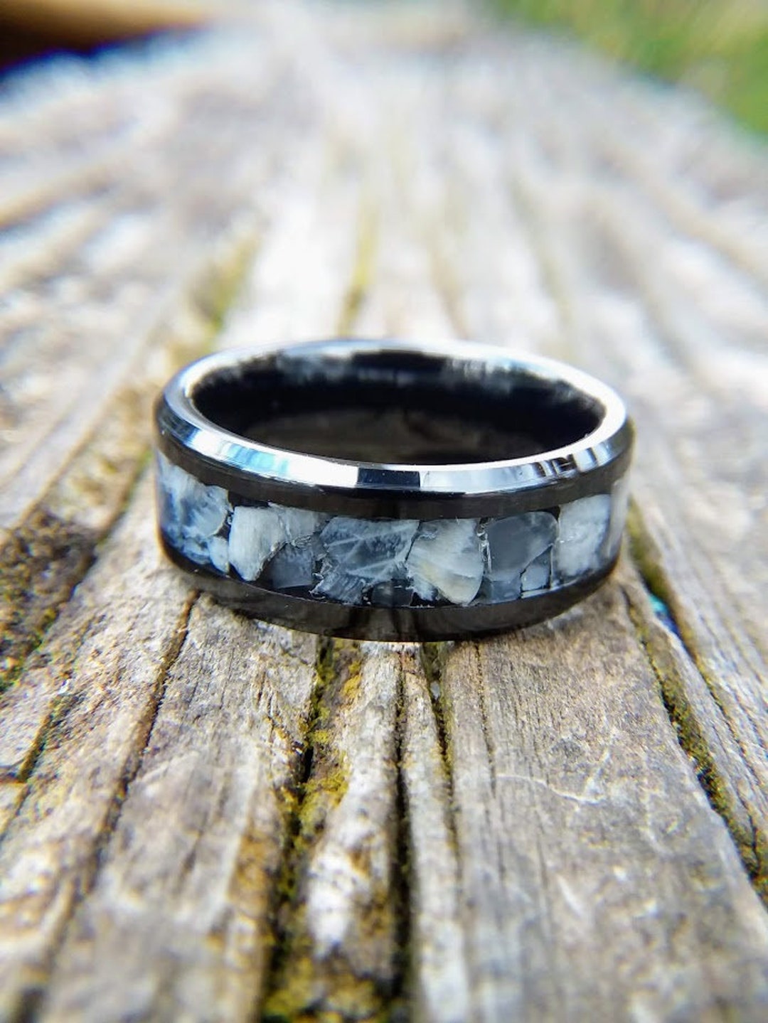 Black Ceramic and Moonstone Wedding Band - Black Ceramic Ring With ...