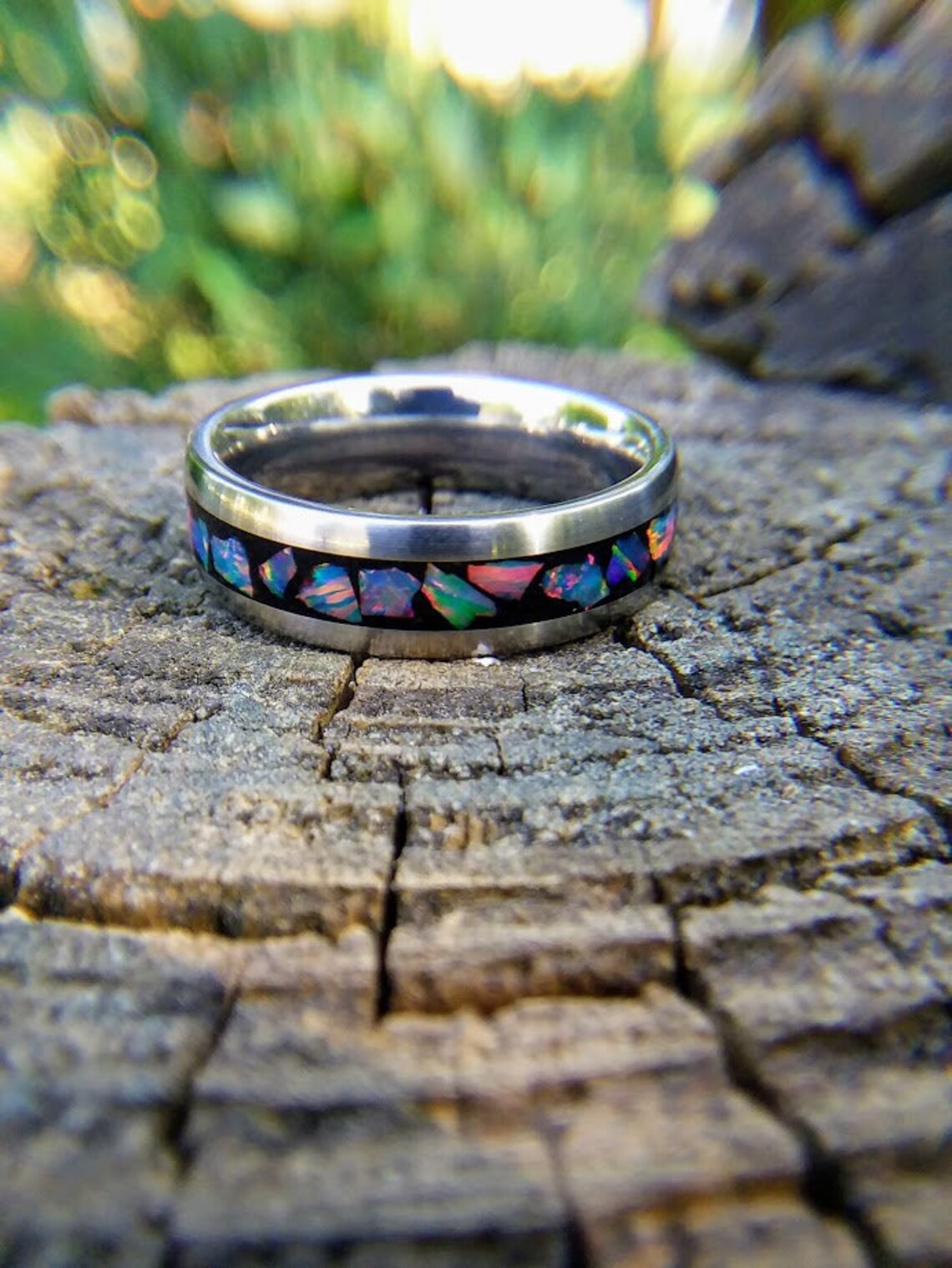 Titanium Wedding Band With Ocean Sunset Fire Opal in Black - Etsy