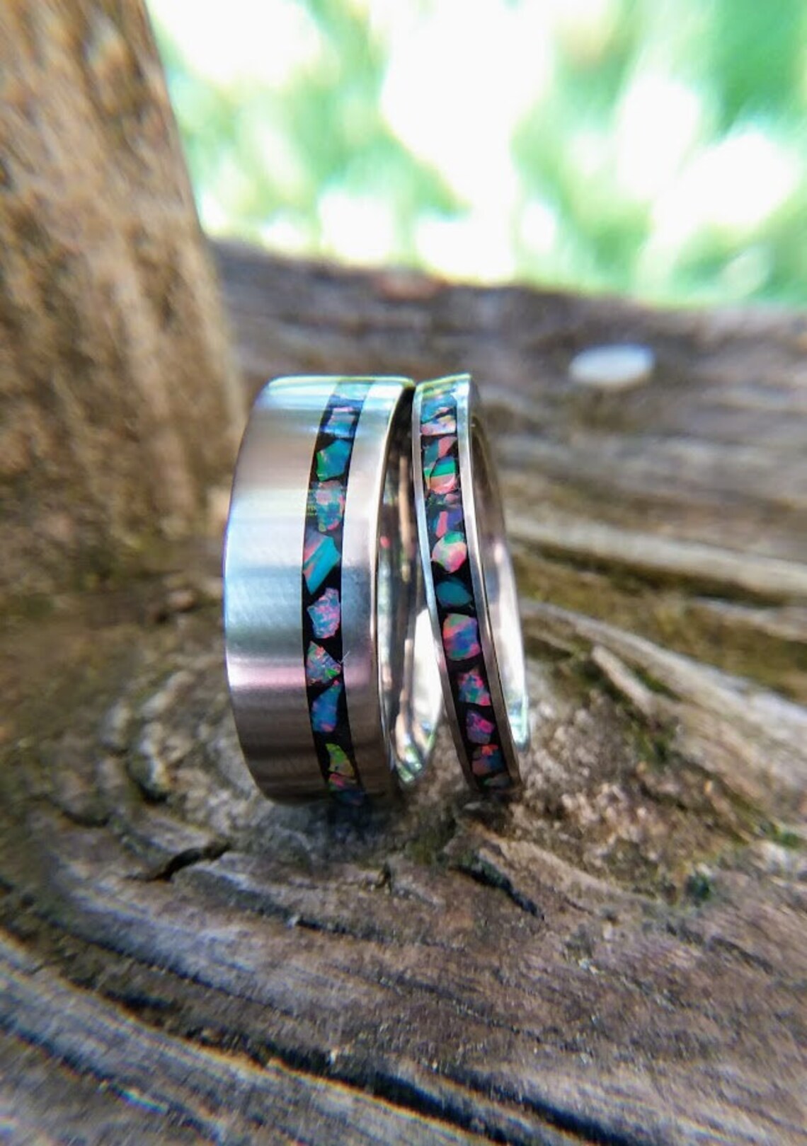 Matching Titanium and Ocean Sunset Fire Opal Wedding Band Set - Etsy