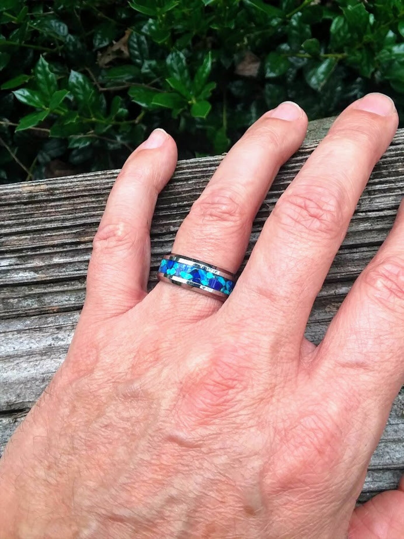 Tungsten Wedding Band with Bluebird Azurite Inlay Silver band | Etsy