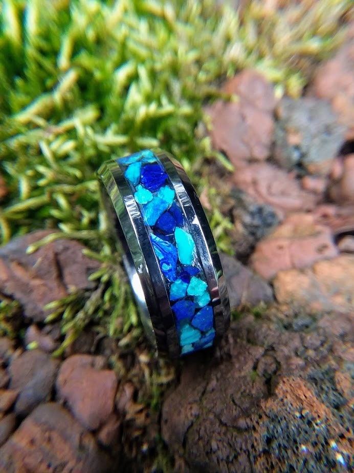 Tungsten Wedding Band with Bluebird Azurite Inlay Silver band | Etsy
