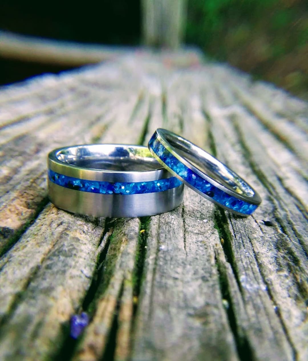 Wedding Band Set With Galaxy Glow Inlay, Matching Wedding Band Set ...