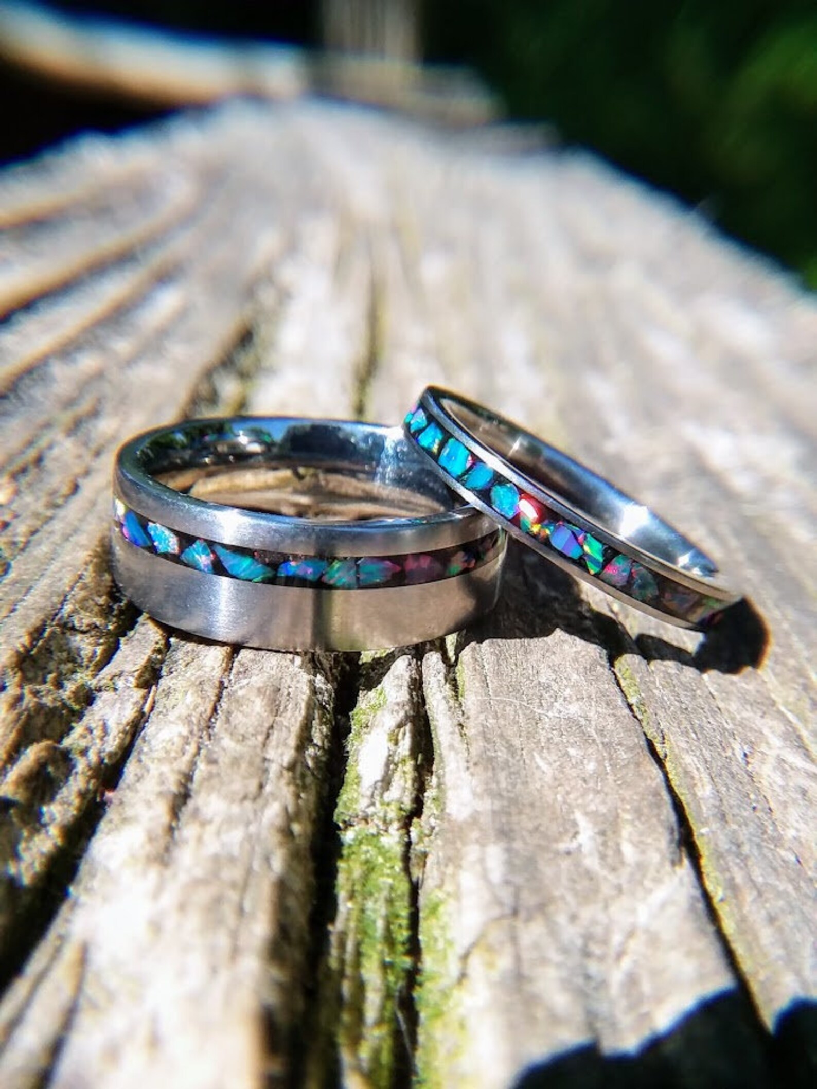 Matching Titanium and Ocean Sunset Fire Opal Wedding Band Set - Etsy