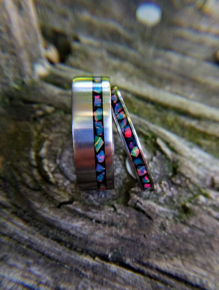 Matching Titanium and Ocean Sunset Fire Opal Wedding Band Set - Etsy