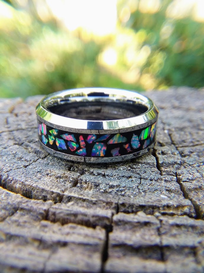 Silver Tungsten and Ocean Sunset Fire Opal Ring with Black | Etsy
