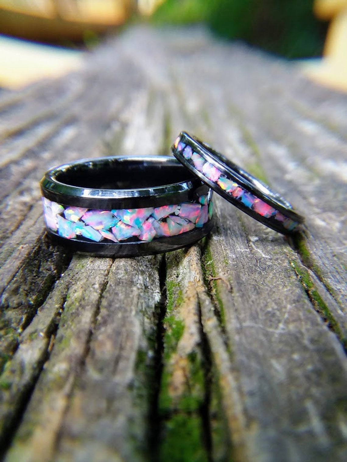 Black Ceramic Wedding Band Set With White Fire Opal Inlay - Etsy