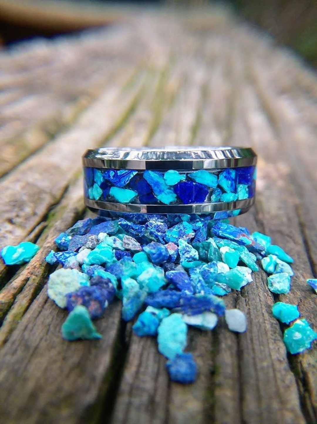 Tungsten Wedding Band With Bluebird Azurite Inlay, Silver Band With ...