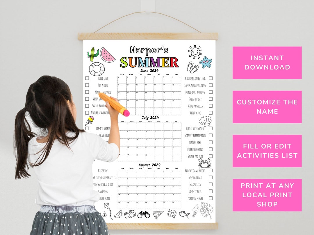 2024 Printable Summer Calendar - Kids Summer Bucket List - Summer ...