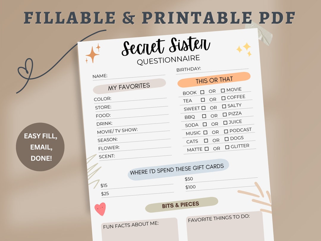 Secret Sister Questionnaire | Gift Exchange Survey and Favorite Things ...