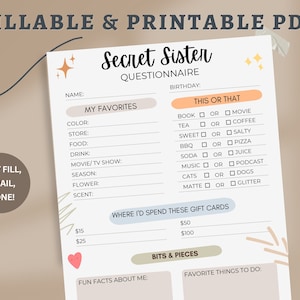 Secret Sister Questionnaire | Gift Exchange Survey and Favorite Things ...