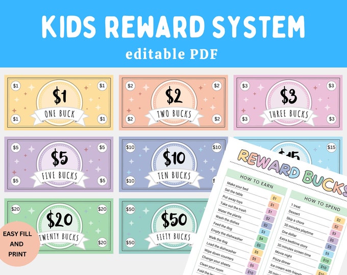 Editable Kids Reward Bucks | Printable | Mom Bucks, PDF Reward System ...