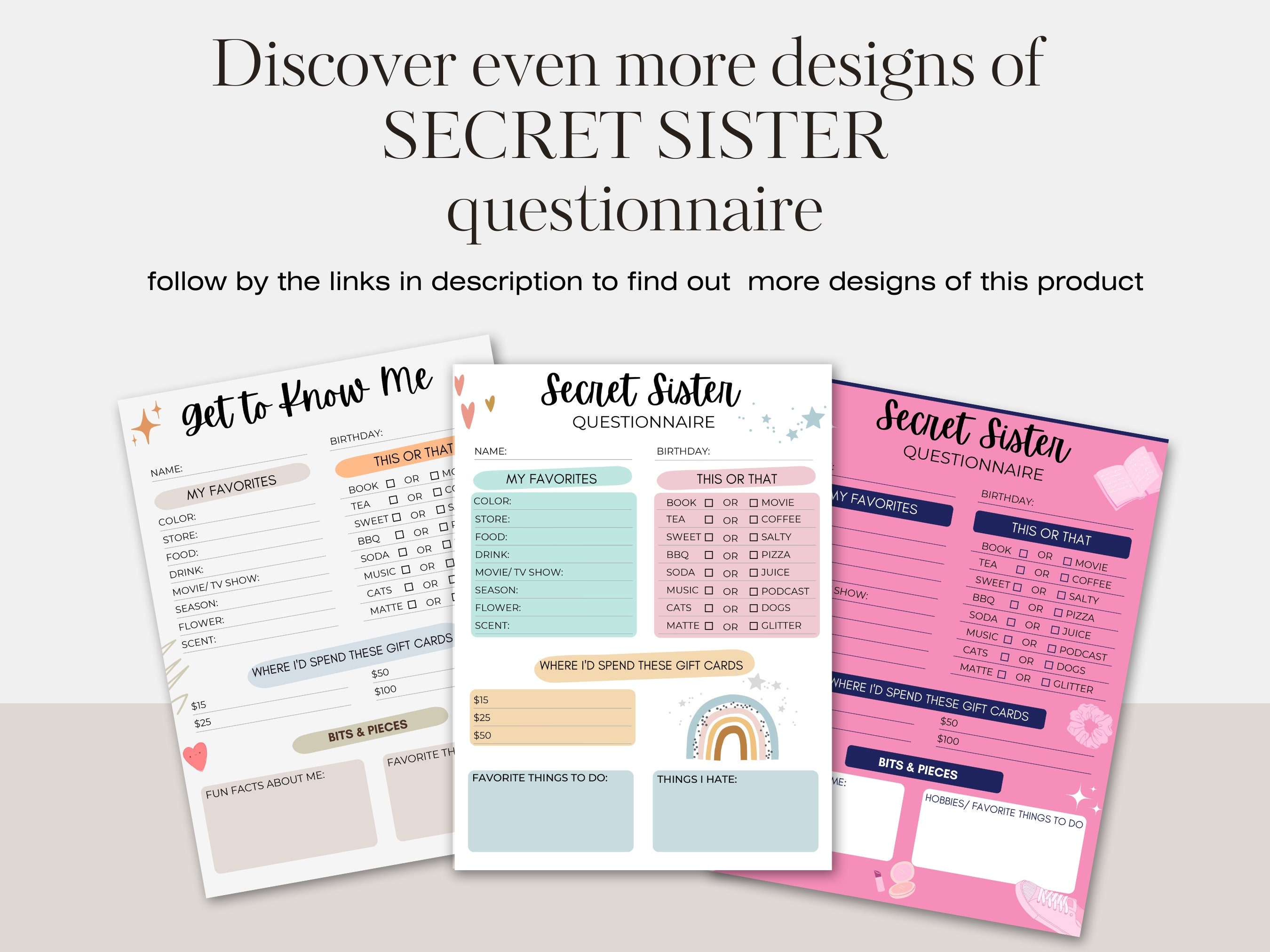 Secret Sister Questionnaire | Gift Exchange Survey and Favorite Things ...