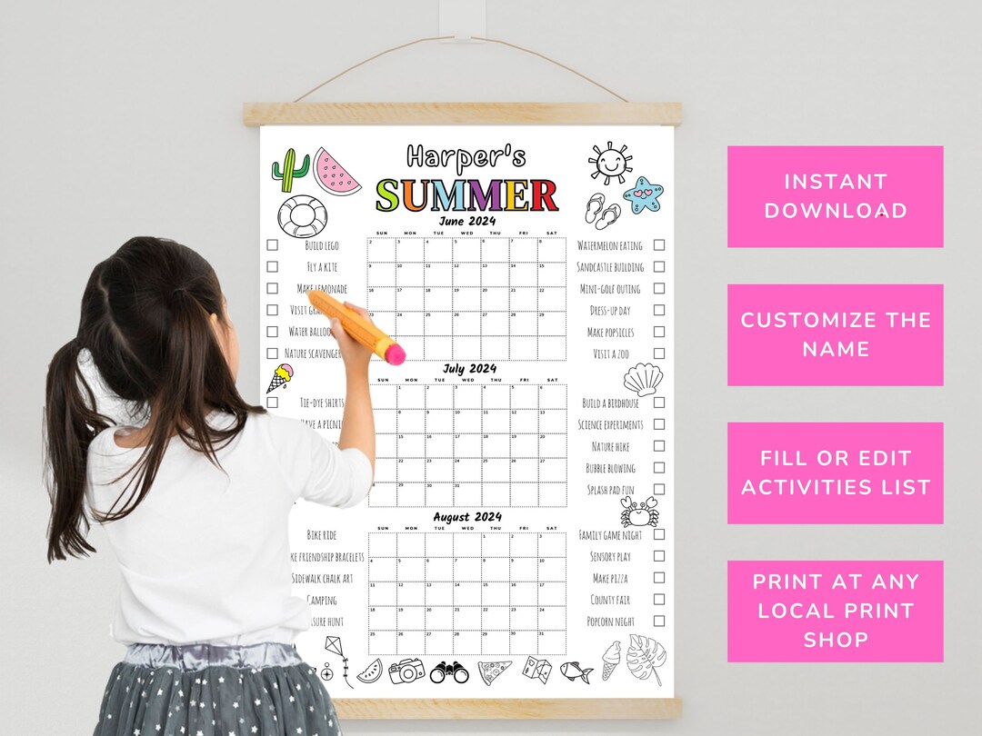 2024 EDITABLE Printable Summer Calendar Poster, Summer Activities ...