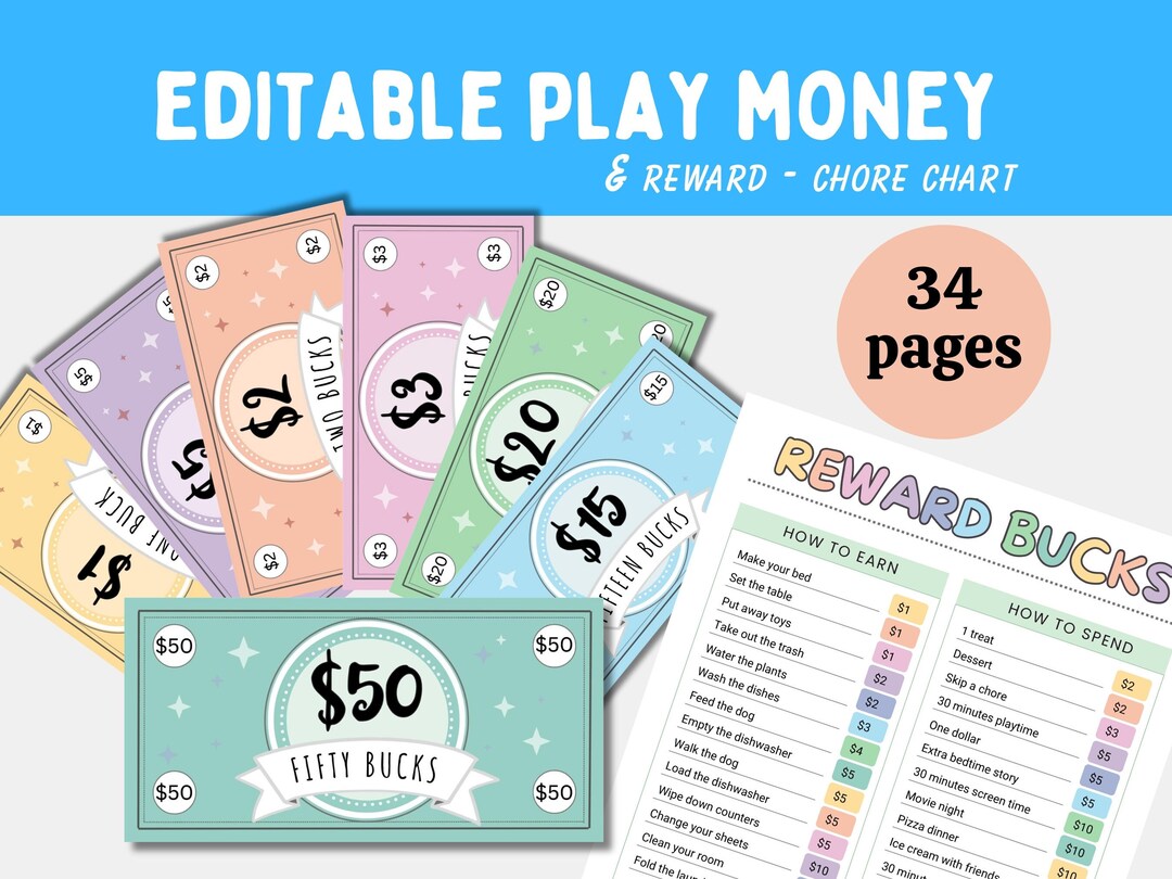 Play Money Editable , Printable Kids Reward Bucks , Pretend Play ...