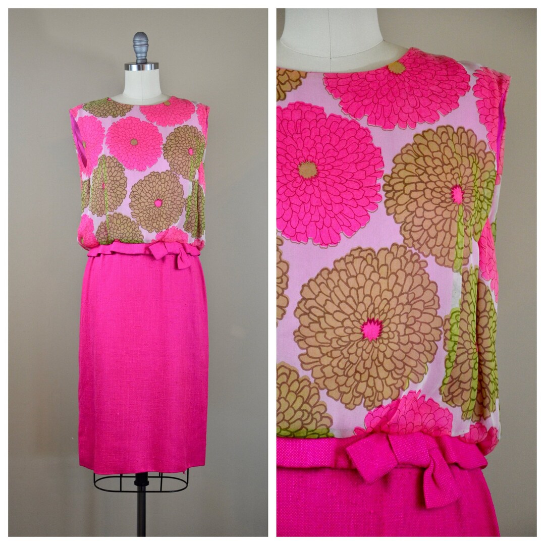 Vintage 1960s Bright Pink Floral Chiffon Bodice and Linen Skirt Sheath ...