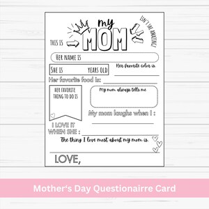 Mother's Day Card PRINTABLE All About My Mom Fill in the Blank Card ...