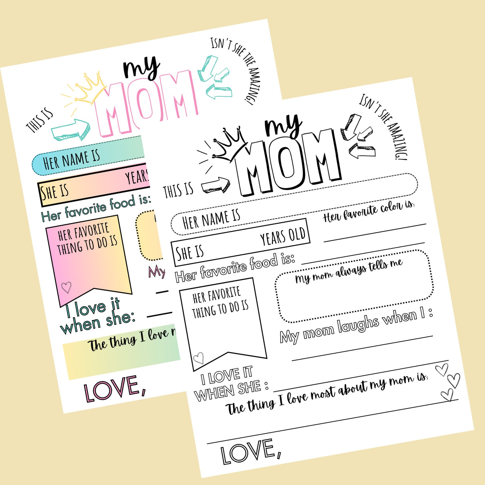 Mother's Day Card PRINTABLE All About My Mom Fill in the Blank Card ...