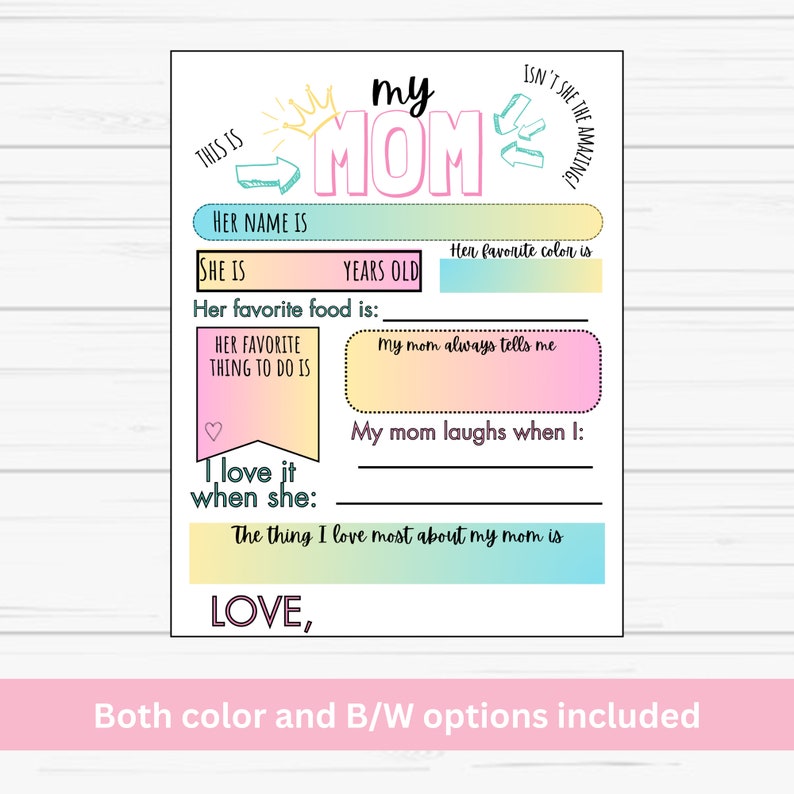 Mother's Day Card PRINTABLE All About My Mom Fill in the Blank Card ...