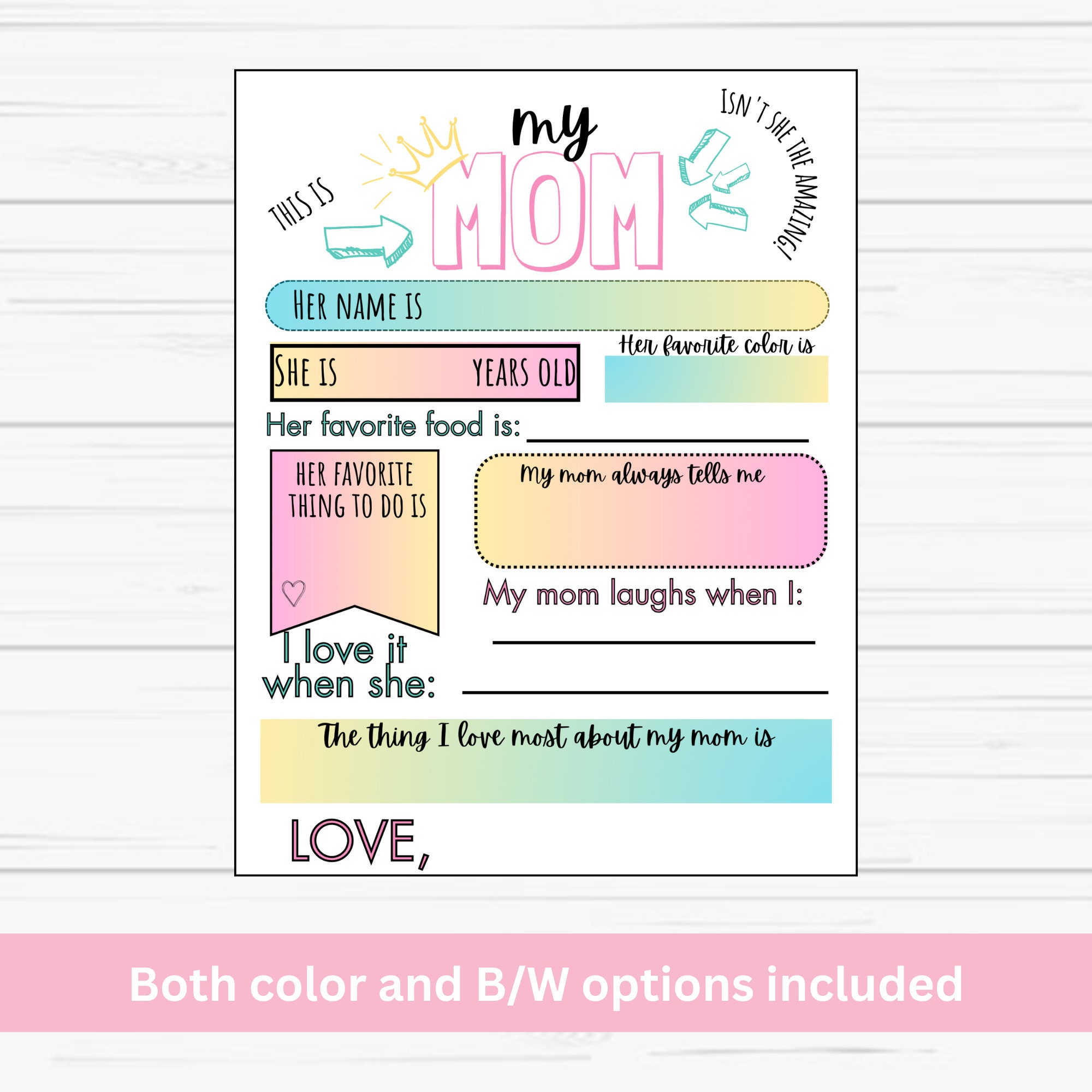 Mother's Day Card PRINTABLE All About My Mom Fill in the Blank Card ...