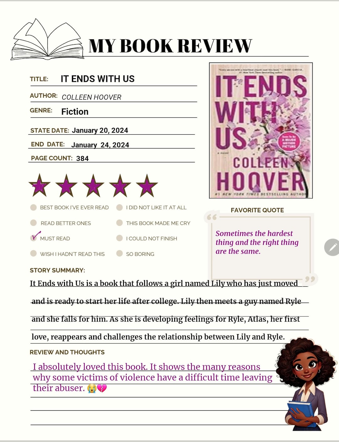 Book Review Template Printable, Book Review Journal, Book Review Page ...