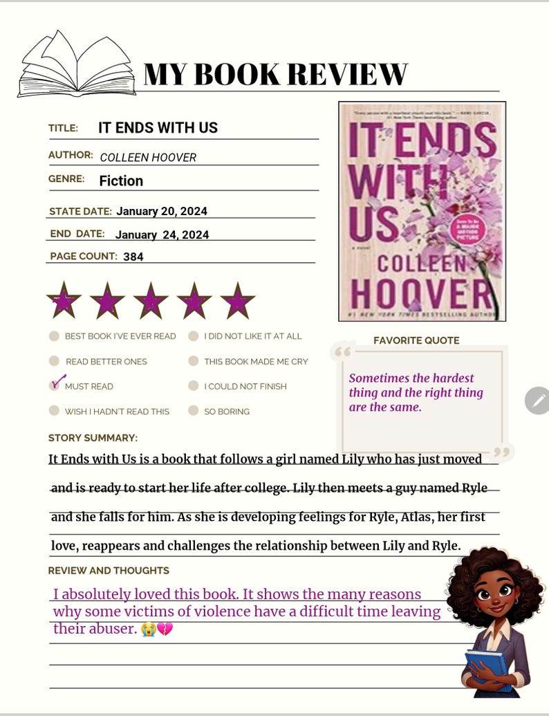 Plantilla de reseña de libro imprimible, diario de reseña de libro ...