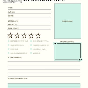 Book Review Template Printable, Book Review Journal, Book Review Page ...