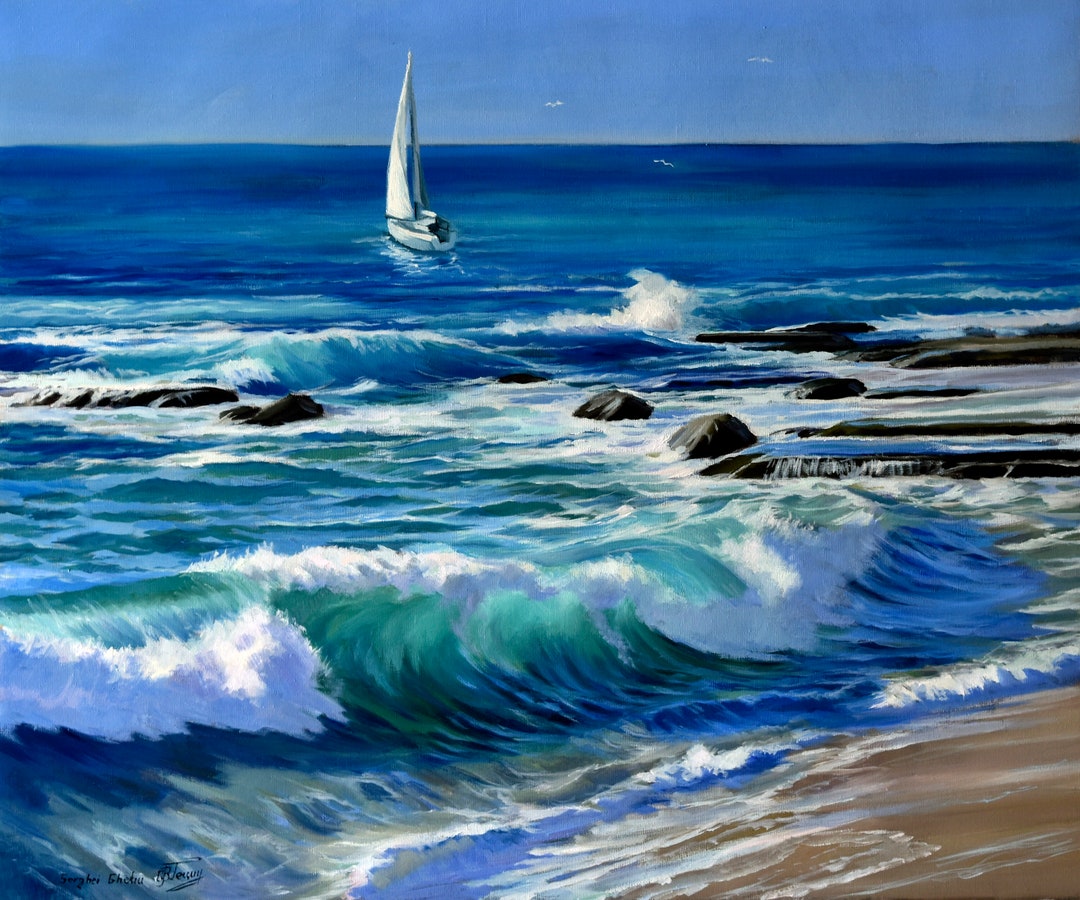 EXAMPLE! on the Coast, Original Seascape With Waves and Yacht, 50x60 Cm ...
