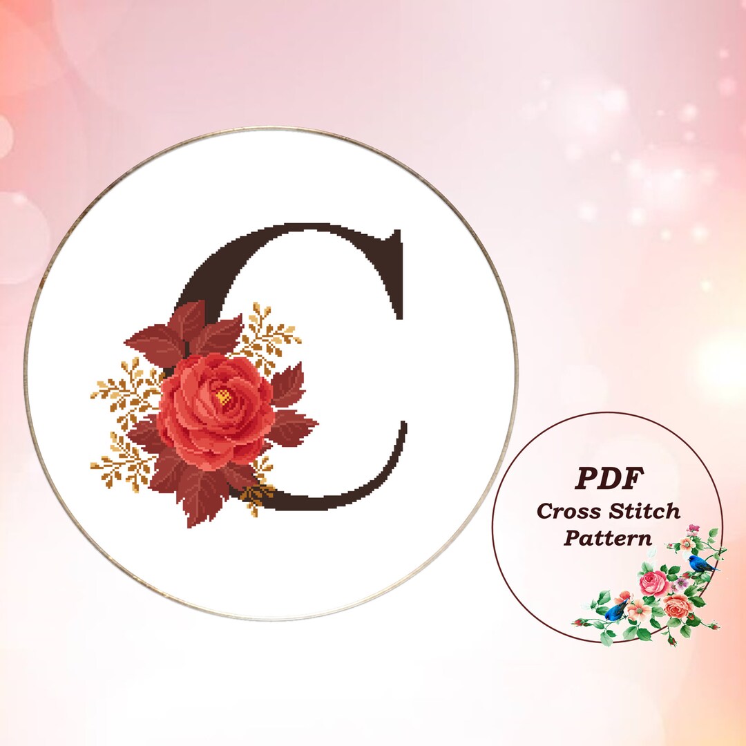 Letter C With Red Rose - Modern Counted Cross Stitch Pattern PDF ...