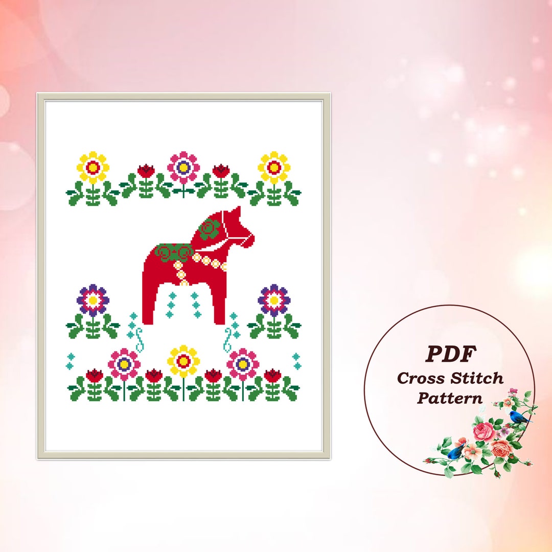 Red Scandinavian Dala Horse Cross Stitch Pattern PDF Modern Nordic ...