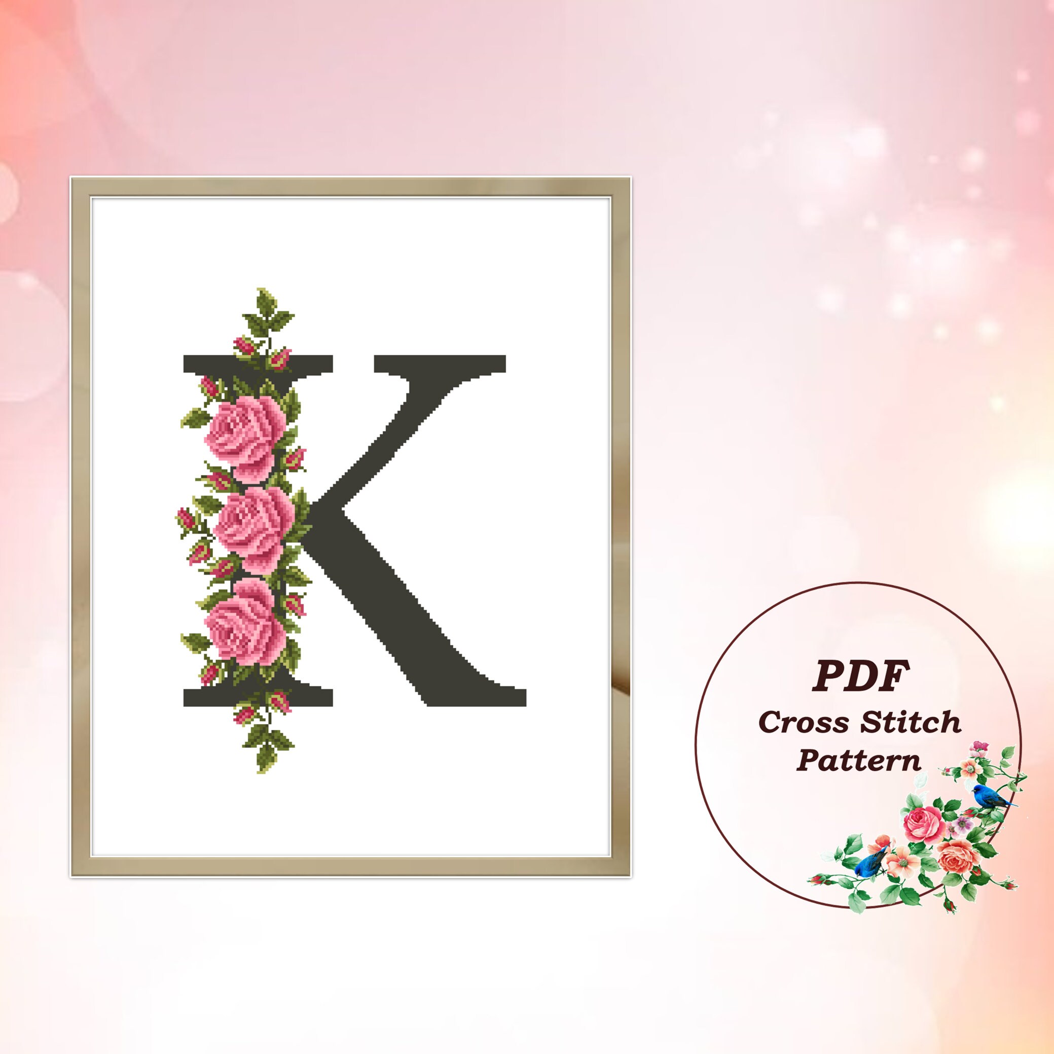Floral Letter «K» Flowers monogram K cross stitch pattern letter K ...