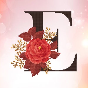 Letter E With Red Rose - Cross Stitch Pattern PDF, Floral Monogram ...