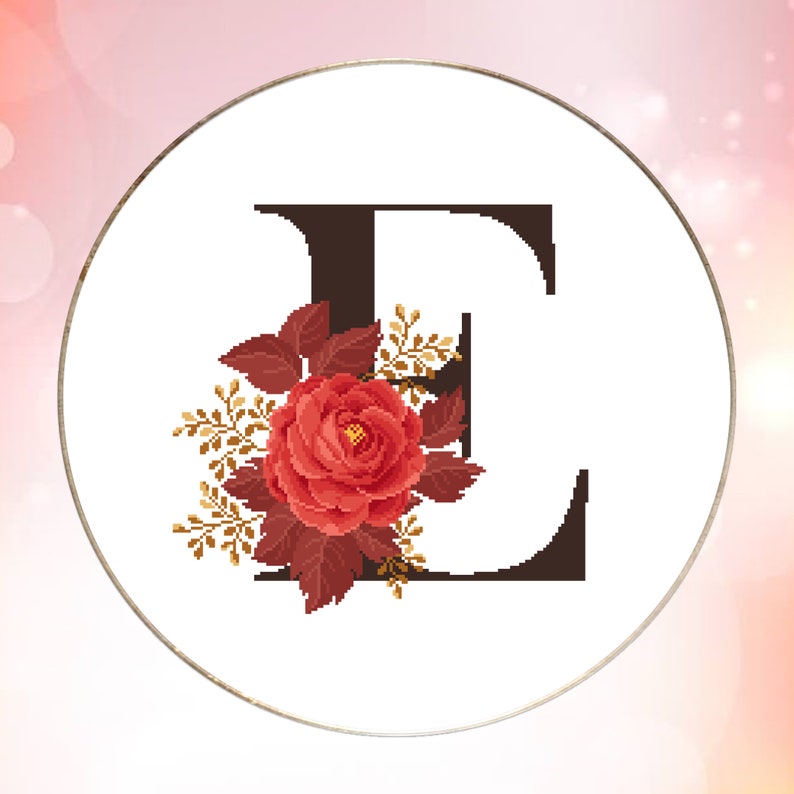 Letter E With Red Rose Cross Stitch Pattern PDF Flower - Etsy